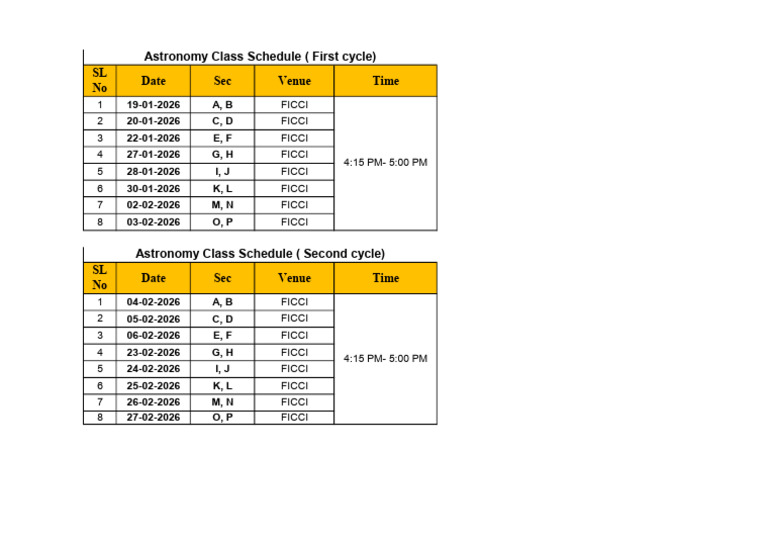 Astronomy Class Schedule JAN-FEB 2026 | PDF