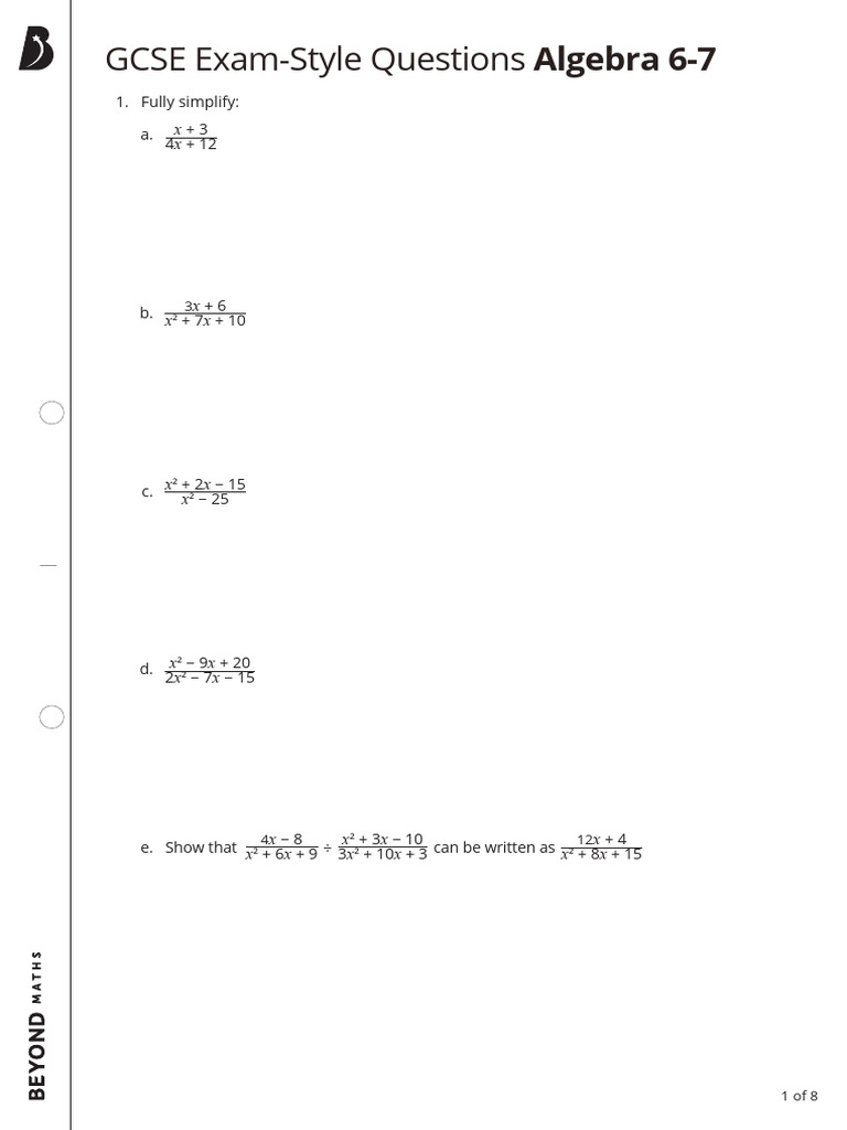 Algebra Overview Exam Questions With Answers | PDF | Equations ...