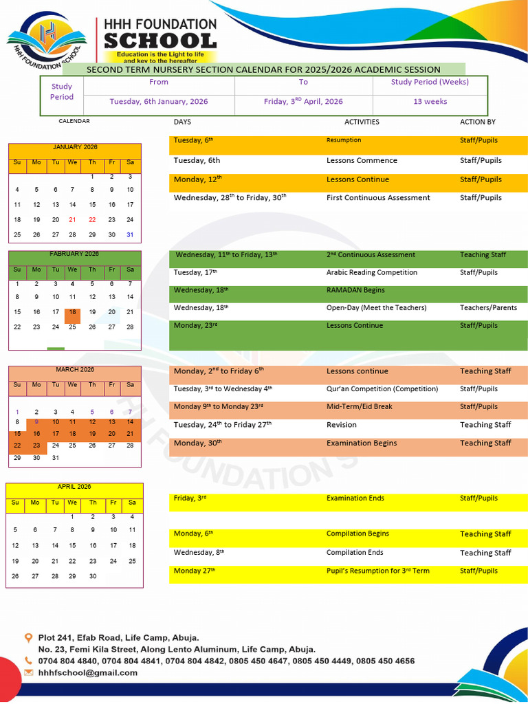 Second Term Nursery Section Calendar For 2026 | PDF