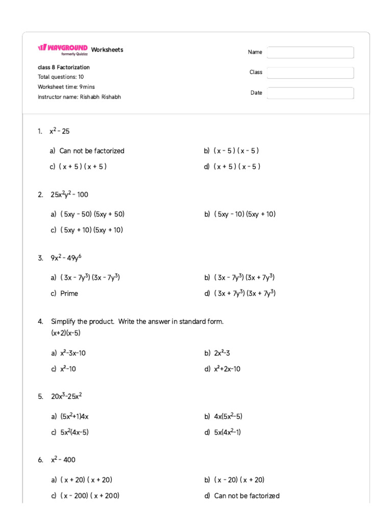 Class 8 Factorization _ Wayground | PDF