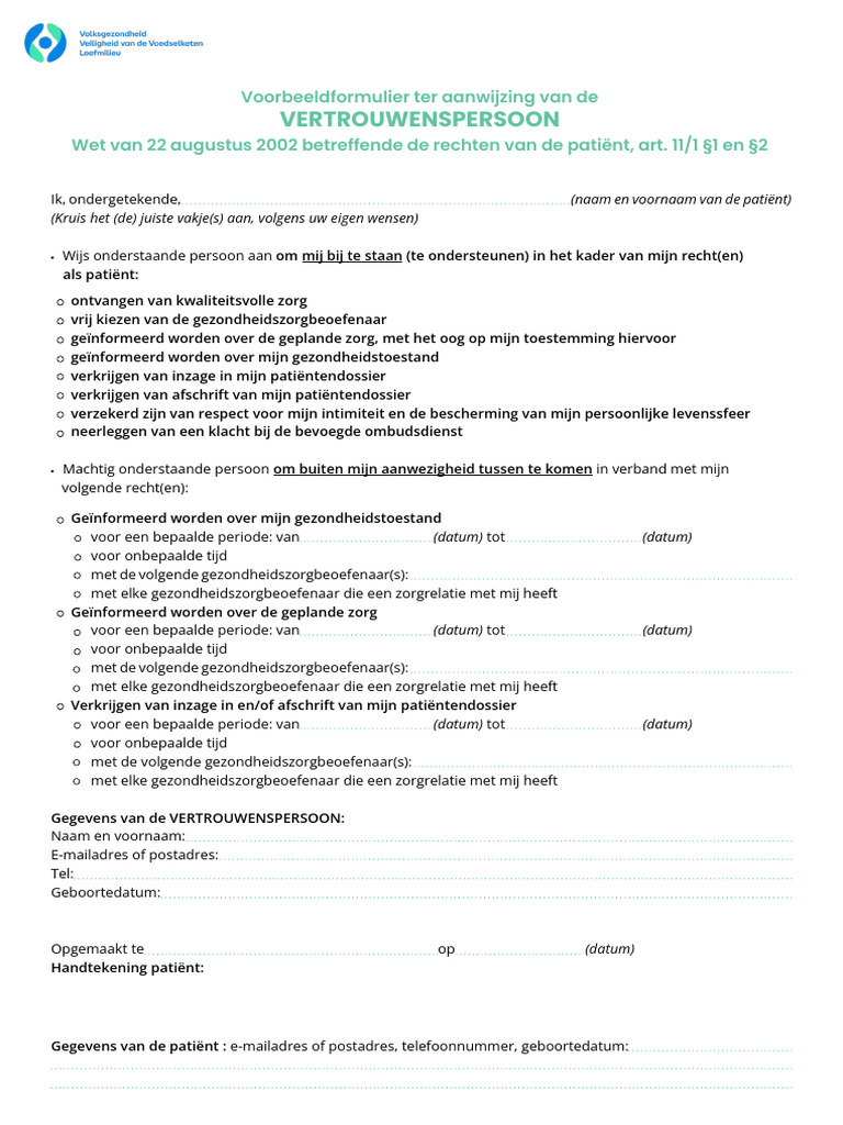 Voorbeeldformulier Voor de Aanwijzing Van de Vertrouwenspersoon 14-01 ...