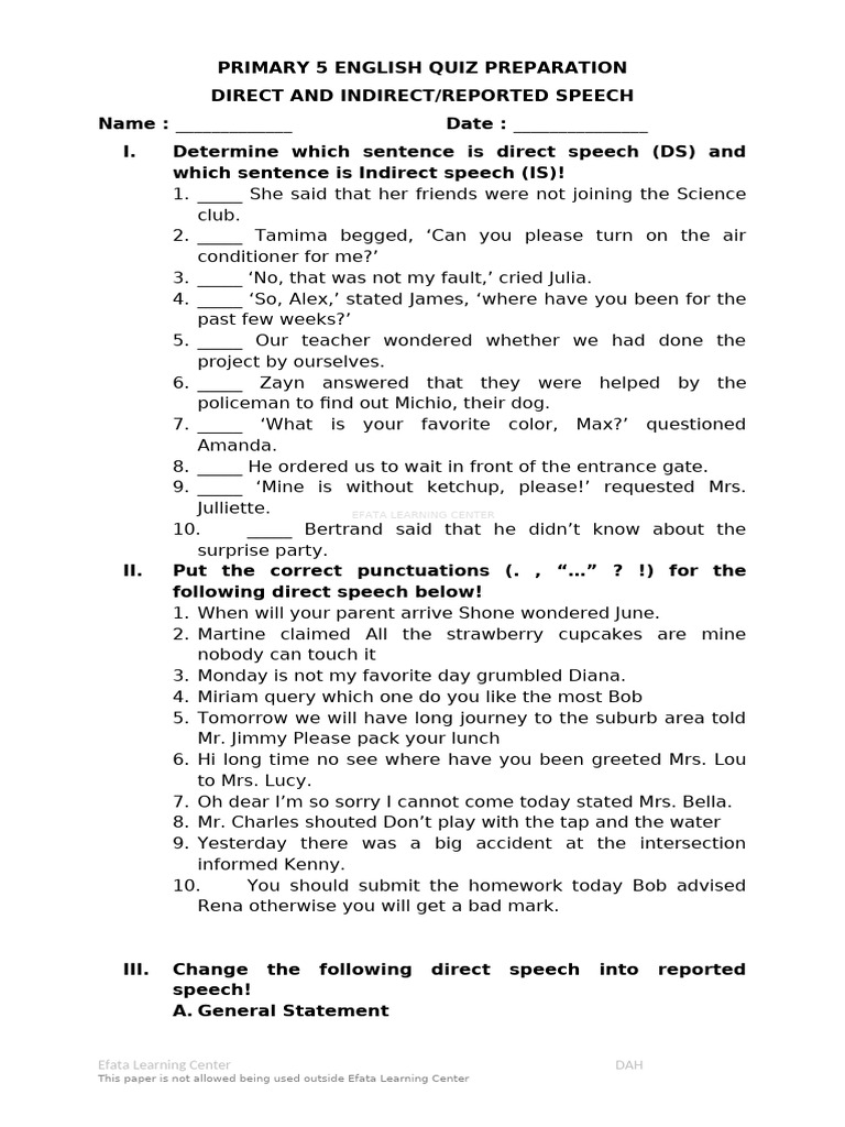 Primary 5 English Quiz Preparation Direct and Indirect Reported Speech ...