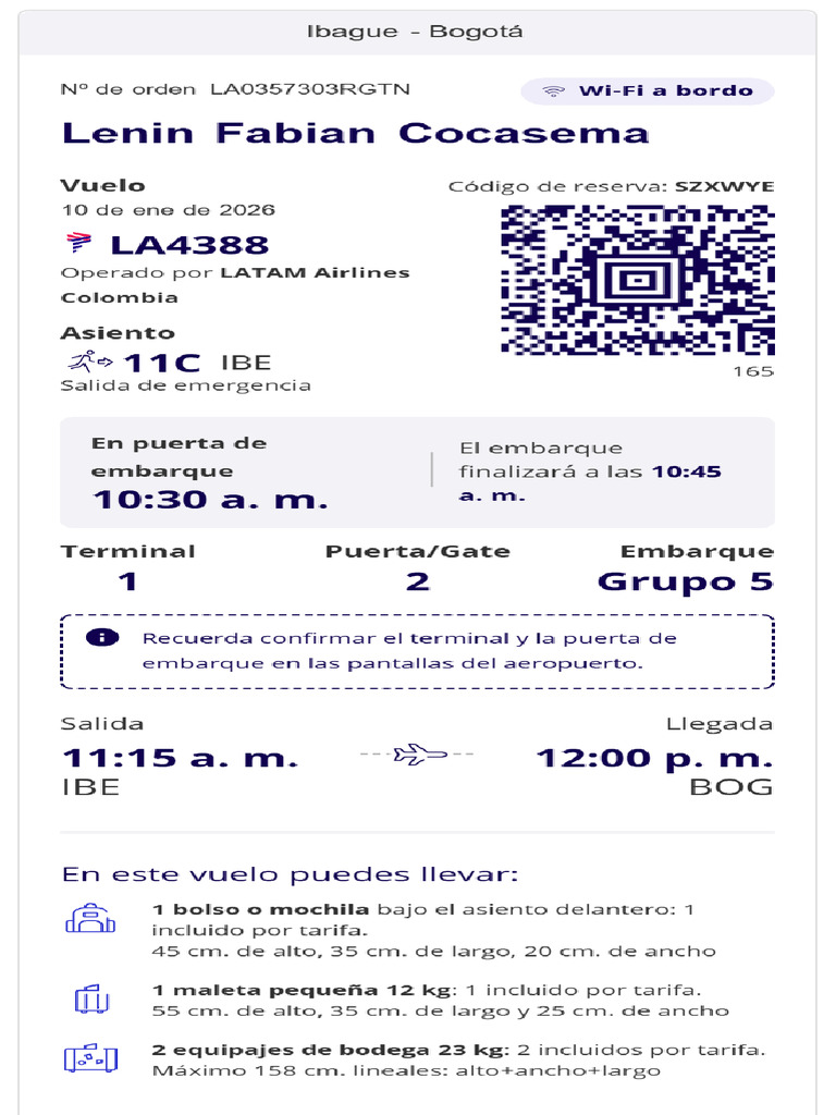 Tarjeta de Embarque Lenin Fabian C LA4388 | PDF