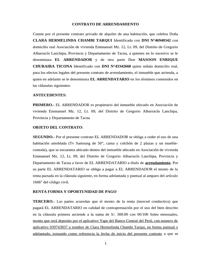 Contrato de Alquiler - Clara Chambi | PDF
