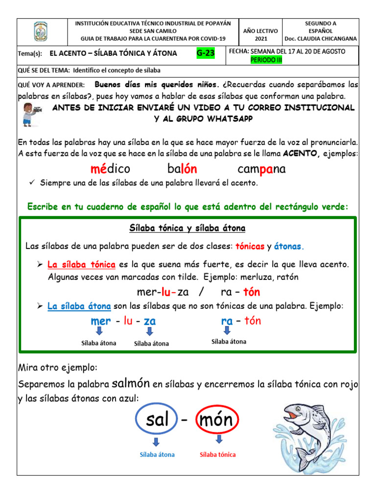 g23-Español-2a - El Acento - Silaba Tónica y Átona | PDF