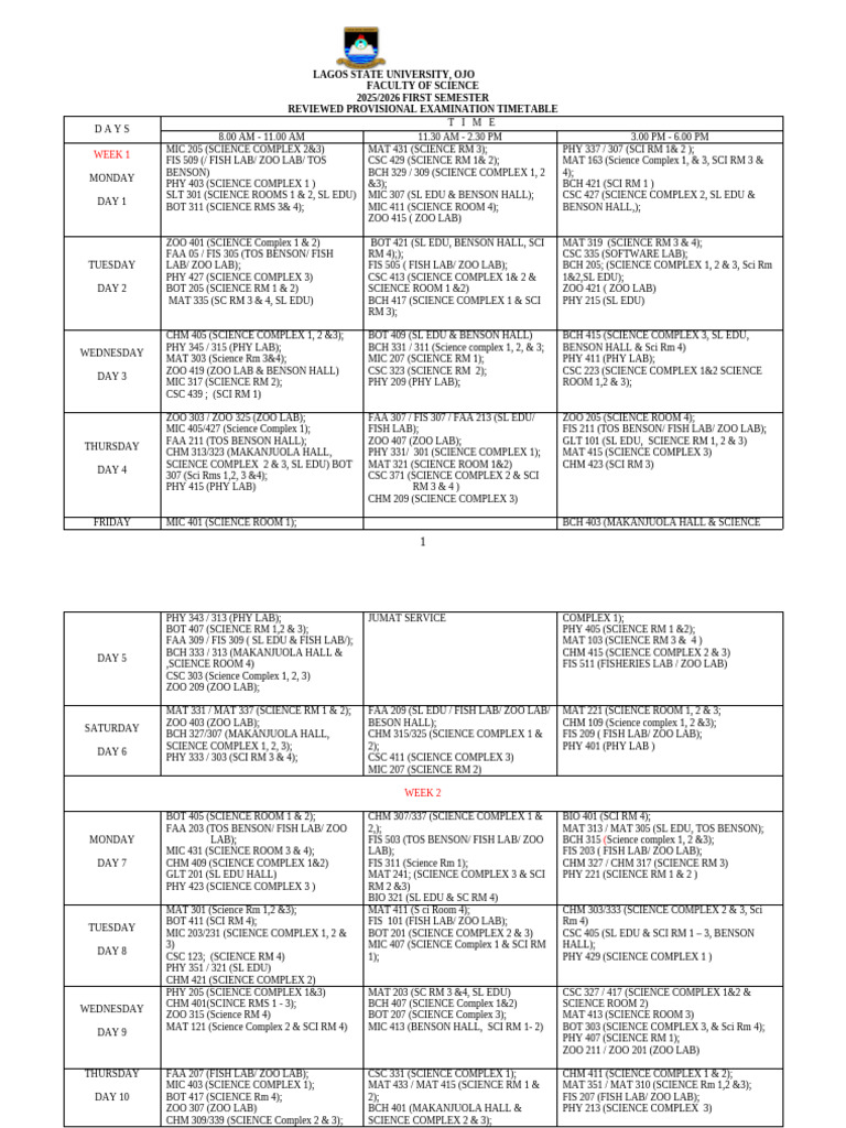 Reviewed Provisional 2025-2026 Fos First Semester Examination Time ...
