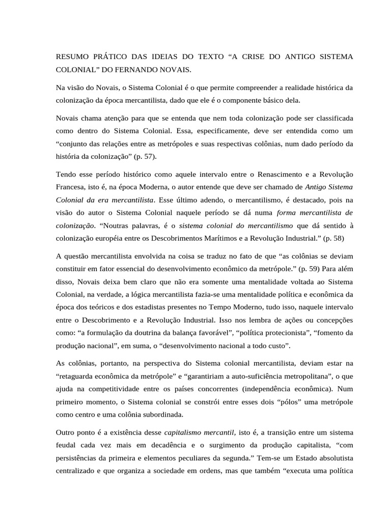 (Resumo; Fernando Novais) a Crise Do Antigo Sistema Colonial | PDF ...
