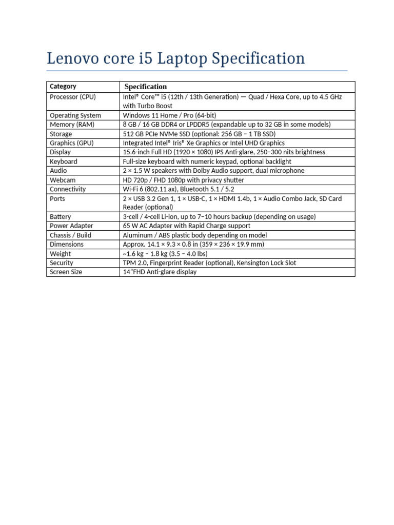 Lenovo Core I5 Laptop Specification | PDF