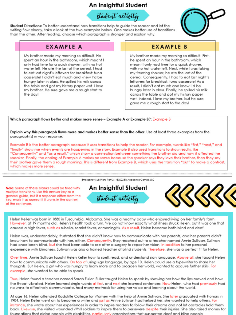 2 Transitions Packet Answer Key | PDF | Helen Keller | Human Communication