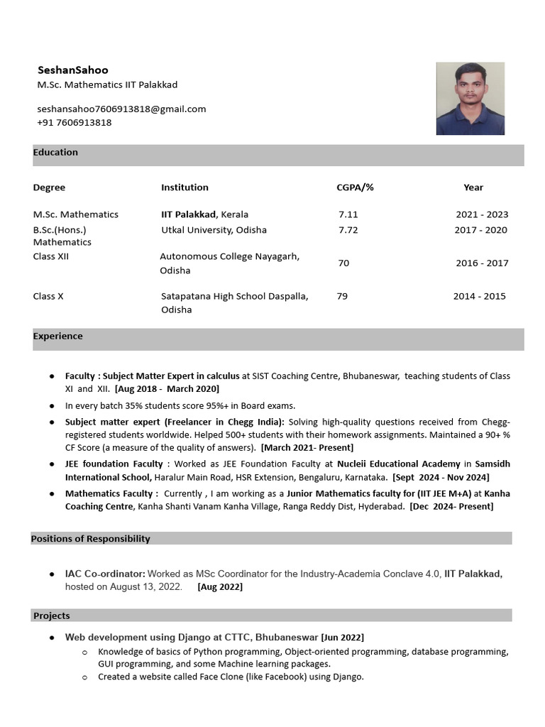 Seshan Sahoo Cv | PDF | Applied Mathematics