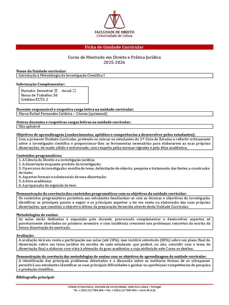 Programa IMIC I MDPJ - 2025 2026 Marco Caldeira | PDF | Mestrado | Science