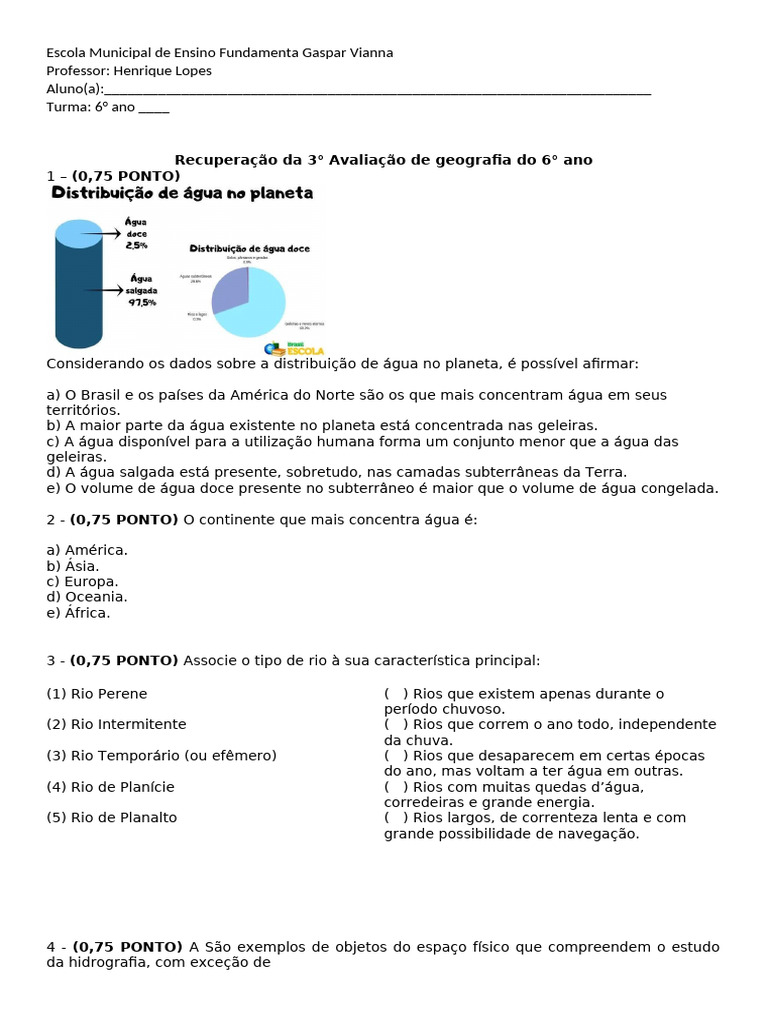 3° aval, 6° ano - geografia | PDF | Bacia hidrográfica | Ambiente natural