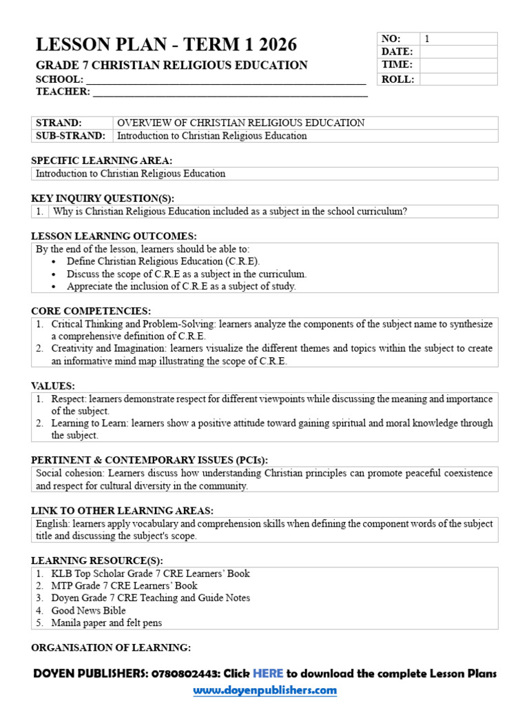 Grade 7 CRE Term 1 2026 Lesson Plans | PDF | Learning | Lesson Plan