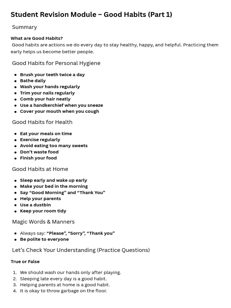 Student Revision Module – Good Habits (Part 1) | PDF