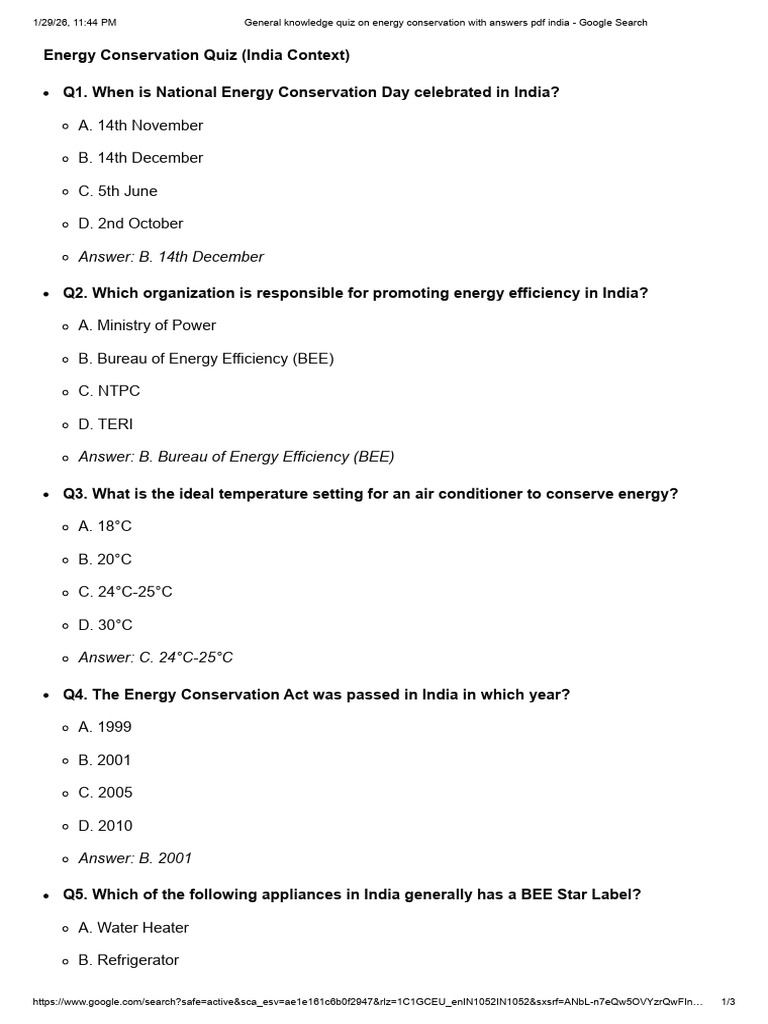 Quiz On Energy Conservation - 4 | PDF | Energy Conservation | Efficient ...