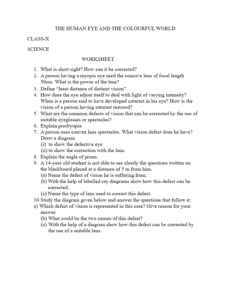 The Human Eye and the Colourful World Worksheet-Mod-2 10th | PDF