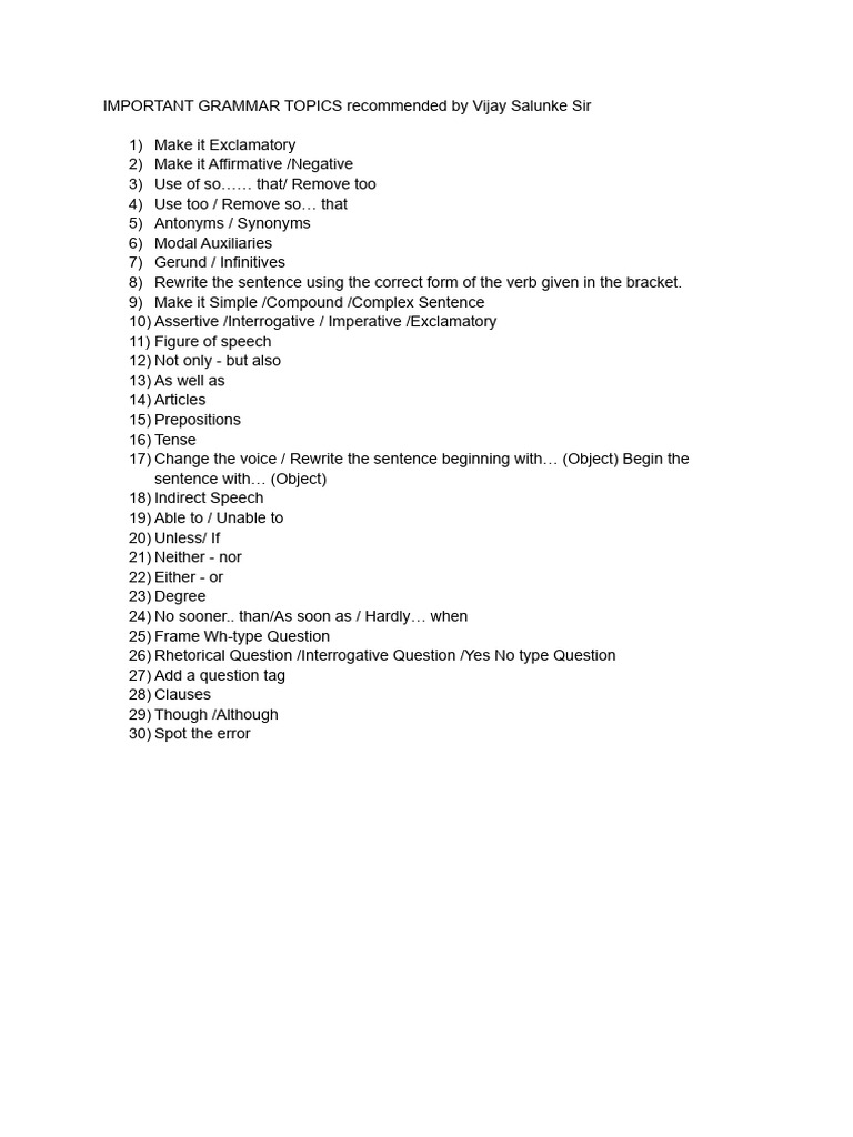 Important Grammar Topics Recommended by Tarang Sir | PDF