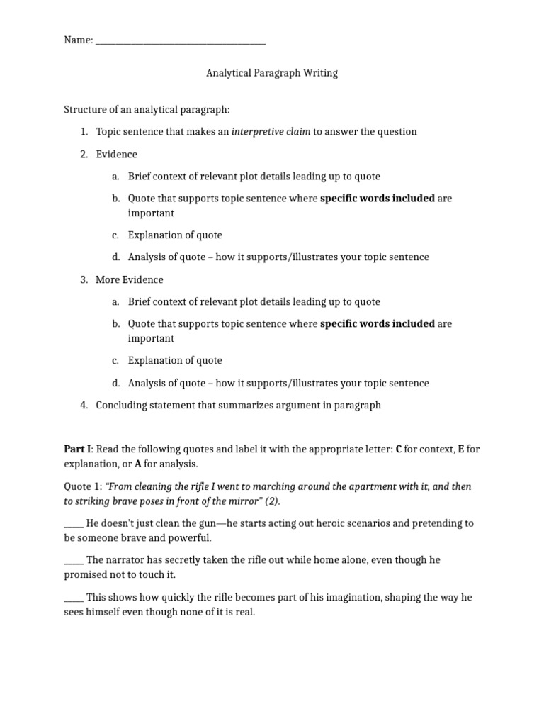 Analytical Paragraph Worksheet | PDF