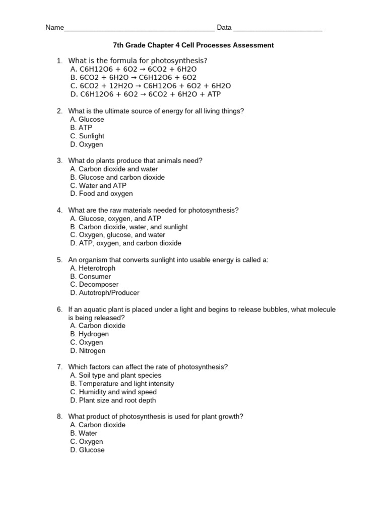 7th Grade Chapter 4 Cell Processes Assessment | PDF | Cellular ...