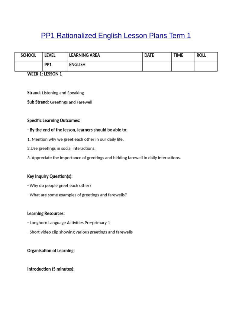 PP1 Rationalized English Lesson Plans Term 1 | PDF | Learning ...