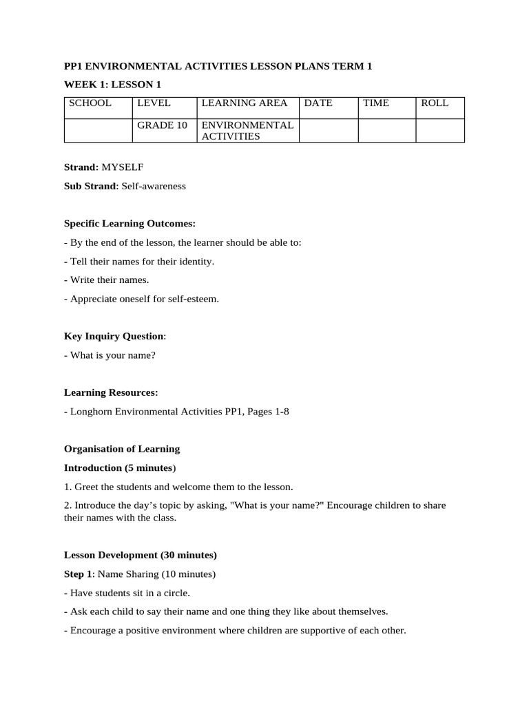 PP1 Rationalized Environmental Activities Lesson Plans Term 1 | PDF ...