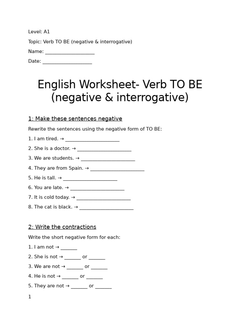 Verb To BE (Negative & Interrogative) (A1) | PDF | Language Mechanics ...