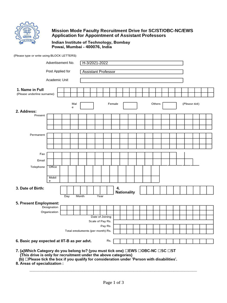 Application Form - For Assistant Professor | PDF