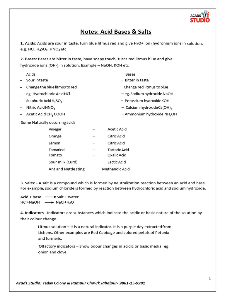 Final Notes - Acid Bases and Salt 2020 | PDF | Sodium Carbonate ...