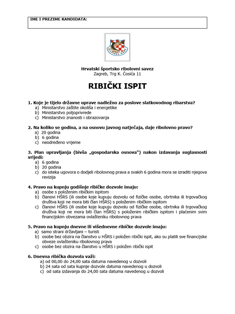Ribički Ispit Novi Test 28.1.2020 | PDF