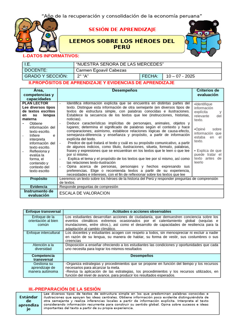 Sesion de Plan Lector Leemos Sobre Los Heroes Del Perú Jueves 10 Julio | PDF | Aprendizaje ...
