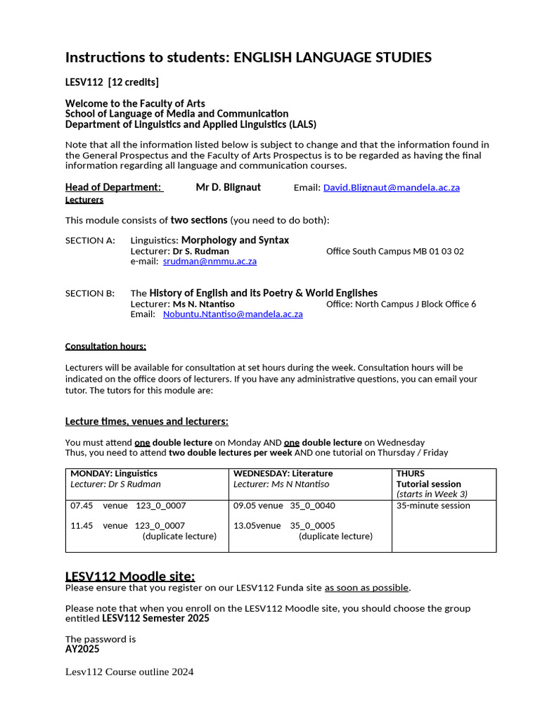 2025 LESV112 Course Outline | PDF | Morphology (Linguistics) | Syntax