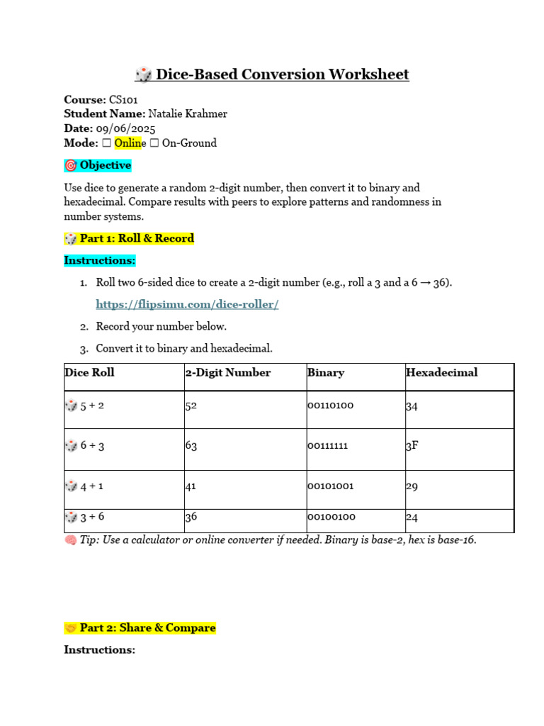 DiceBasedConversionWorksheet.docx | PDF | Dice | Encodings