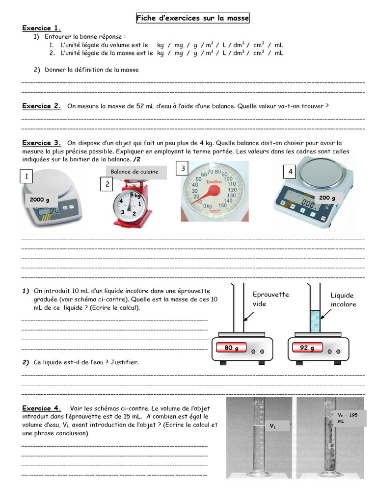 Fiche D'exercices Sur La Masse | PDF
