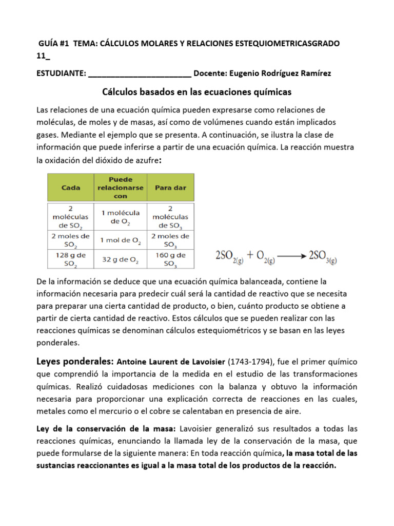Guía # 1 Cálculos Molares Relaciones Estequiometricas Grado 11 Año 2026 ...
