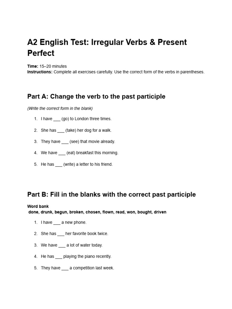 A2 English Test: Irregular Verbs & Present Perfect | PDF