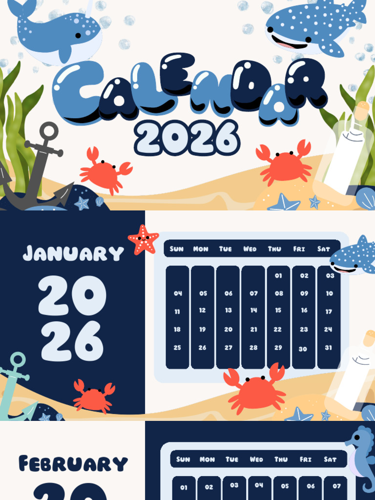 Blue Cream Playful Illustration of Sea Underwater Calendar 2026 | PDF