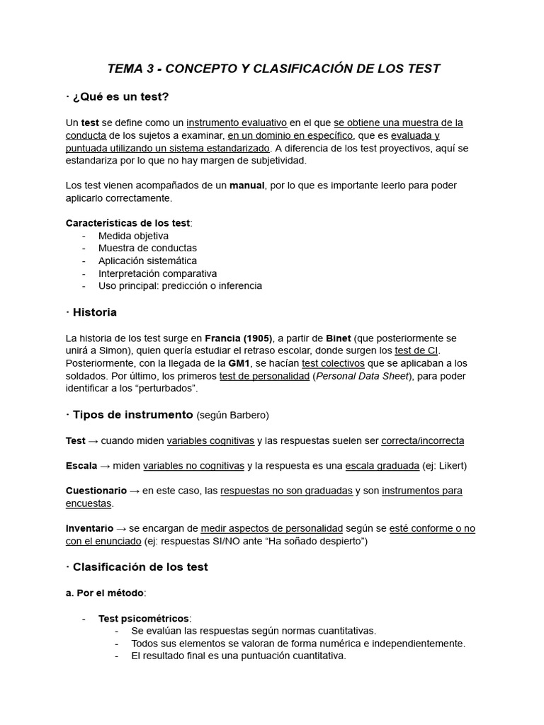 Tema 3 - Concepto y Clasificación de Los Test | PDF | Inteligencia ...