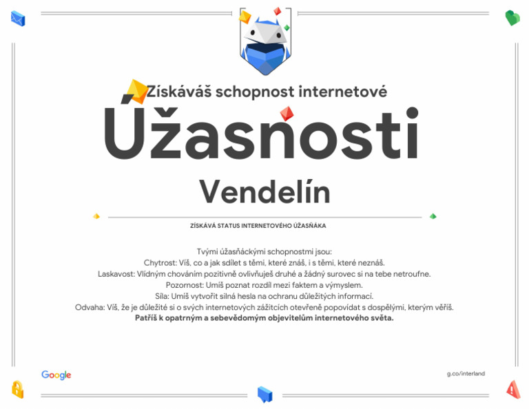 Google Interland Vendelín Certificate of Awesomeness | PDF