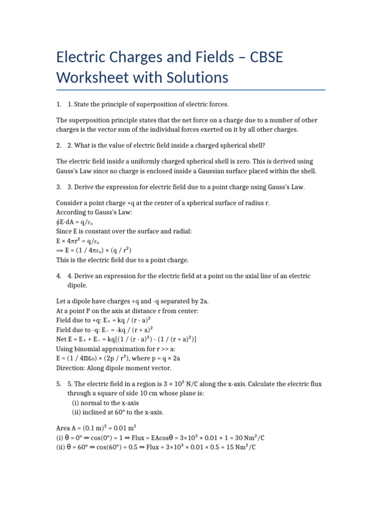 CBSE Electric Charges Worksheet Solutions (1) | PDF