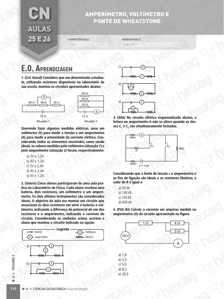 Lista de Amperímetro, Voltímetro e Ponte de Wheatstone | PDF | Rede ...