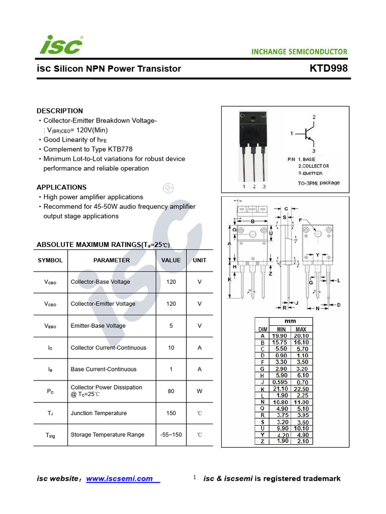 Transistor de Salida NPN - KTD998 | PDF | Bipolar Junction Transistor ...