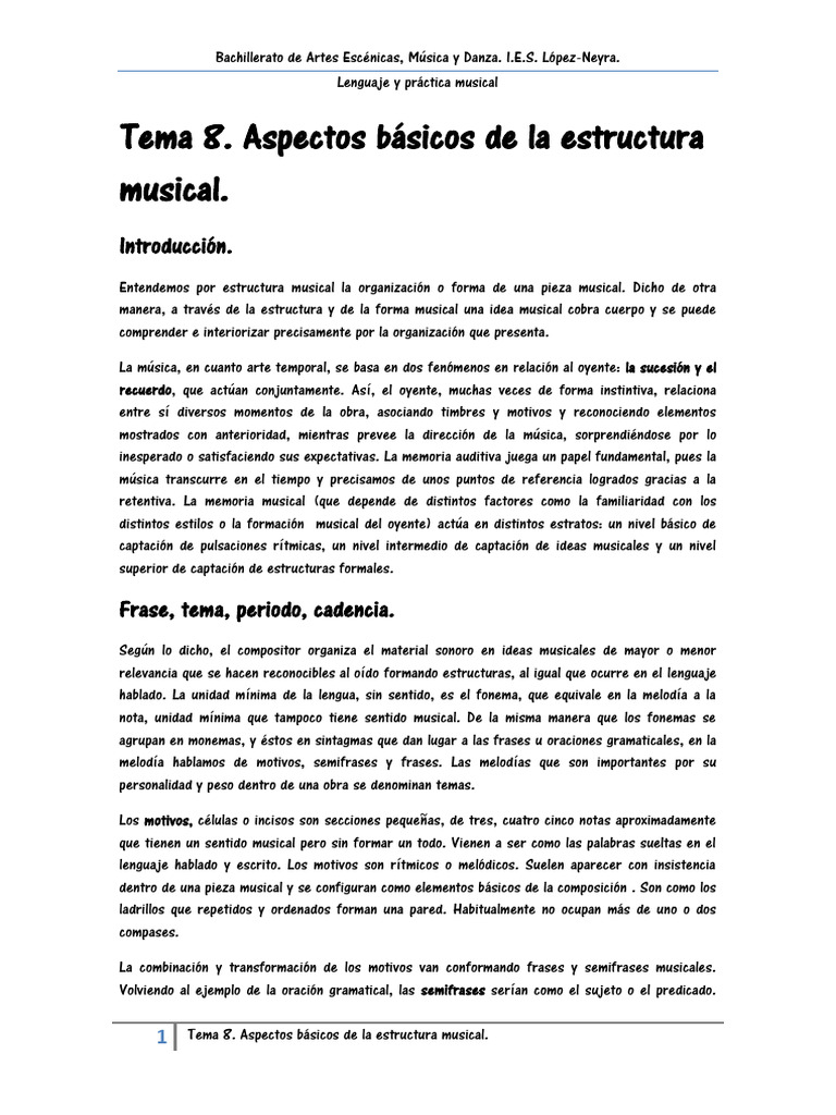 Tema 8. Aspectos básicos de la estructura musical | PDF | Melodía | Ritmo