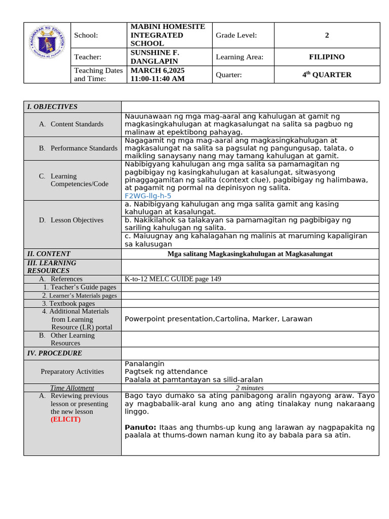 Daily Lesson Plan in Filipino Grade 2 Week 3 Quarter 4 (Tuesday) | PDF