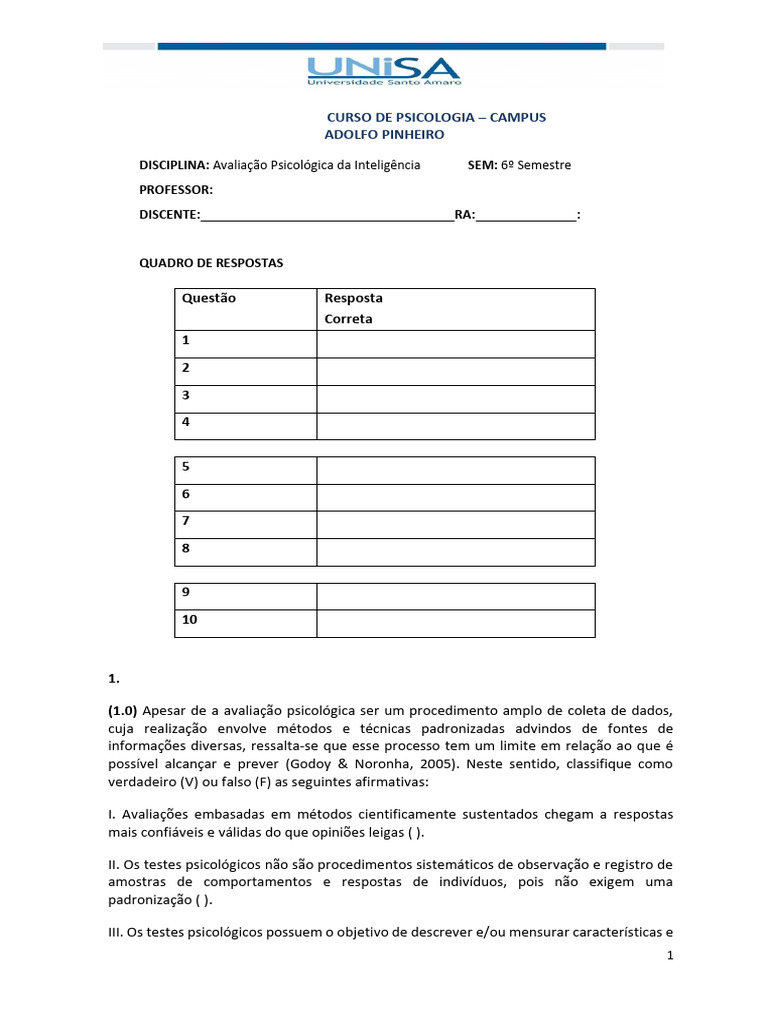 GABARITO - AVC 1_AV.PSICOLOGICA DA INTELIGENCIA_QUESTOES NATI | PDF | Inteligência | Psicologia