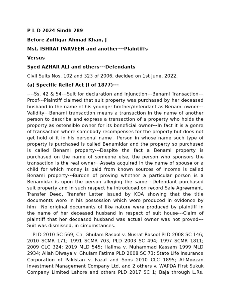 PLD 2024 SINDH 289 QSO Order of Examination | PDF | Lawsuit | Mortgage Law