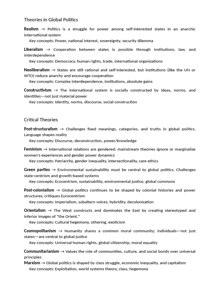 Theories in Global Politics | PDF