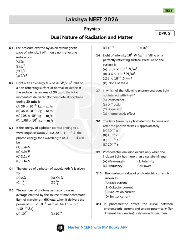 Dual Nature of Radiation and Matter DPP 02 (of Lec 04) Lak | PDF | Photoelectric Effect | Light