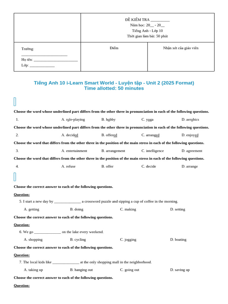 Tiếng Anh 10 i Learn Smart World Luyện Tập Unit 2 2025 Format 1 (1) | PDF