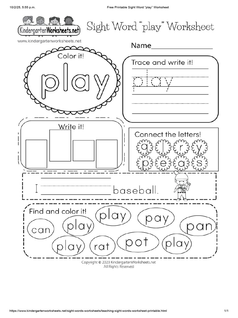 Free Printable Sight Word “Play” Worksheet | PDF