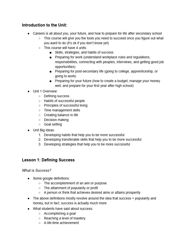 GLC2O Unit 1 Lesson Notes | PDF | Professional Skills | Time Management